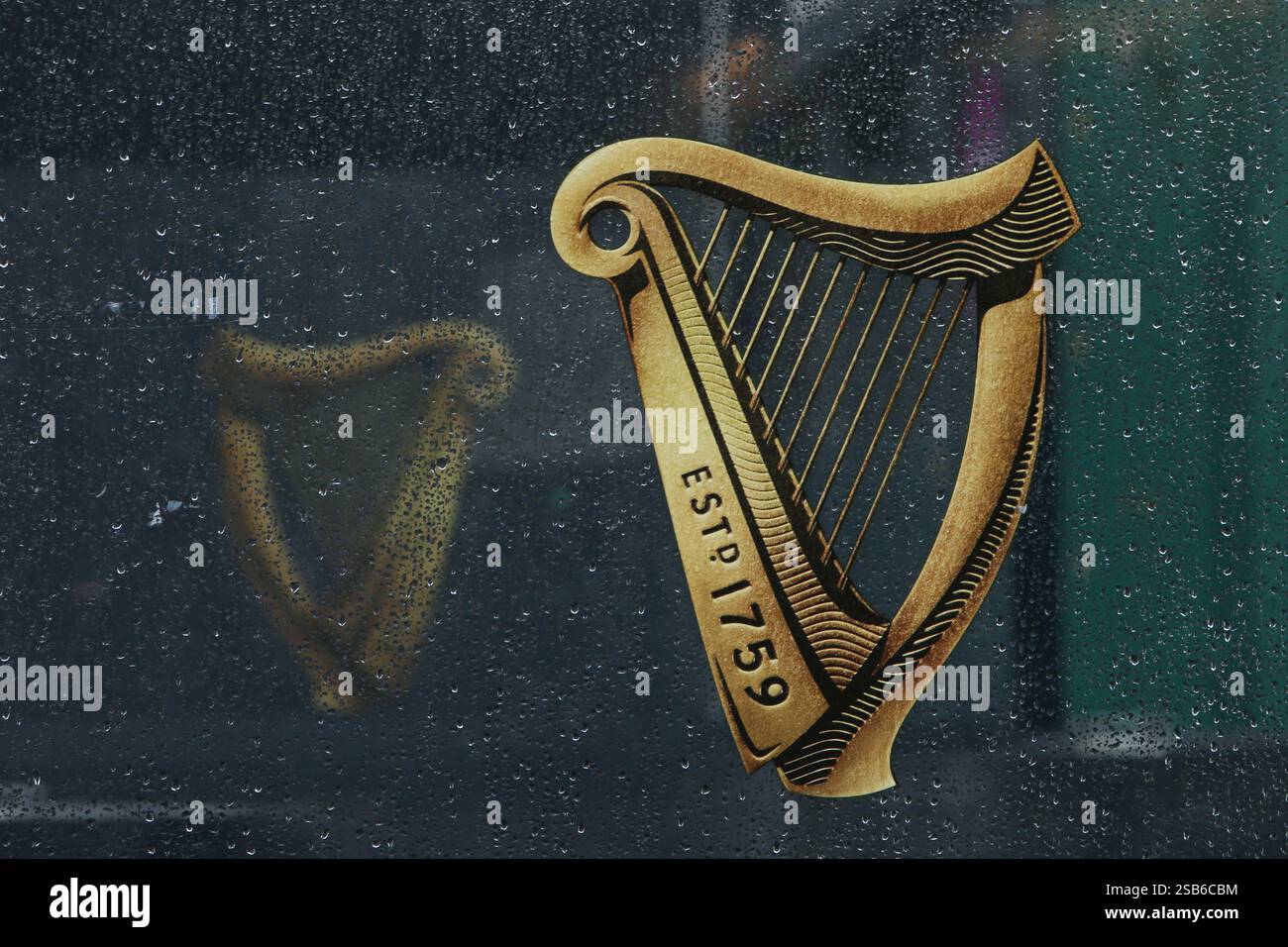 Dublin, Ireland - 28th January 2025 - the Guinness harp logo on a rain ...