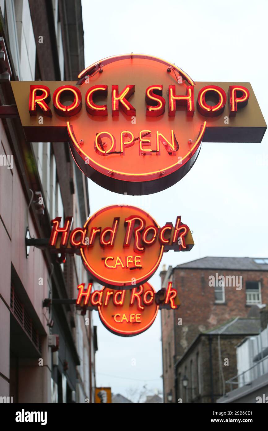 Dublin, Ireland - 28th January 2025 - 3 neon lit Hard Rock Cafe signs ...