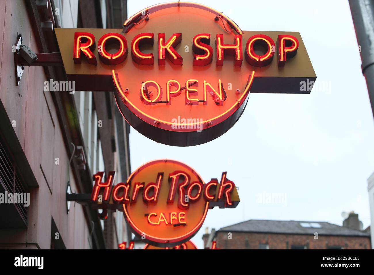 Dublin, Ireland - 28th January 2025 - 2 neon lit Hard Rock Cafe signs ...