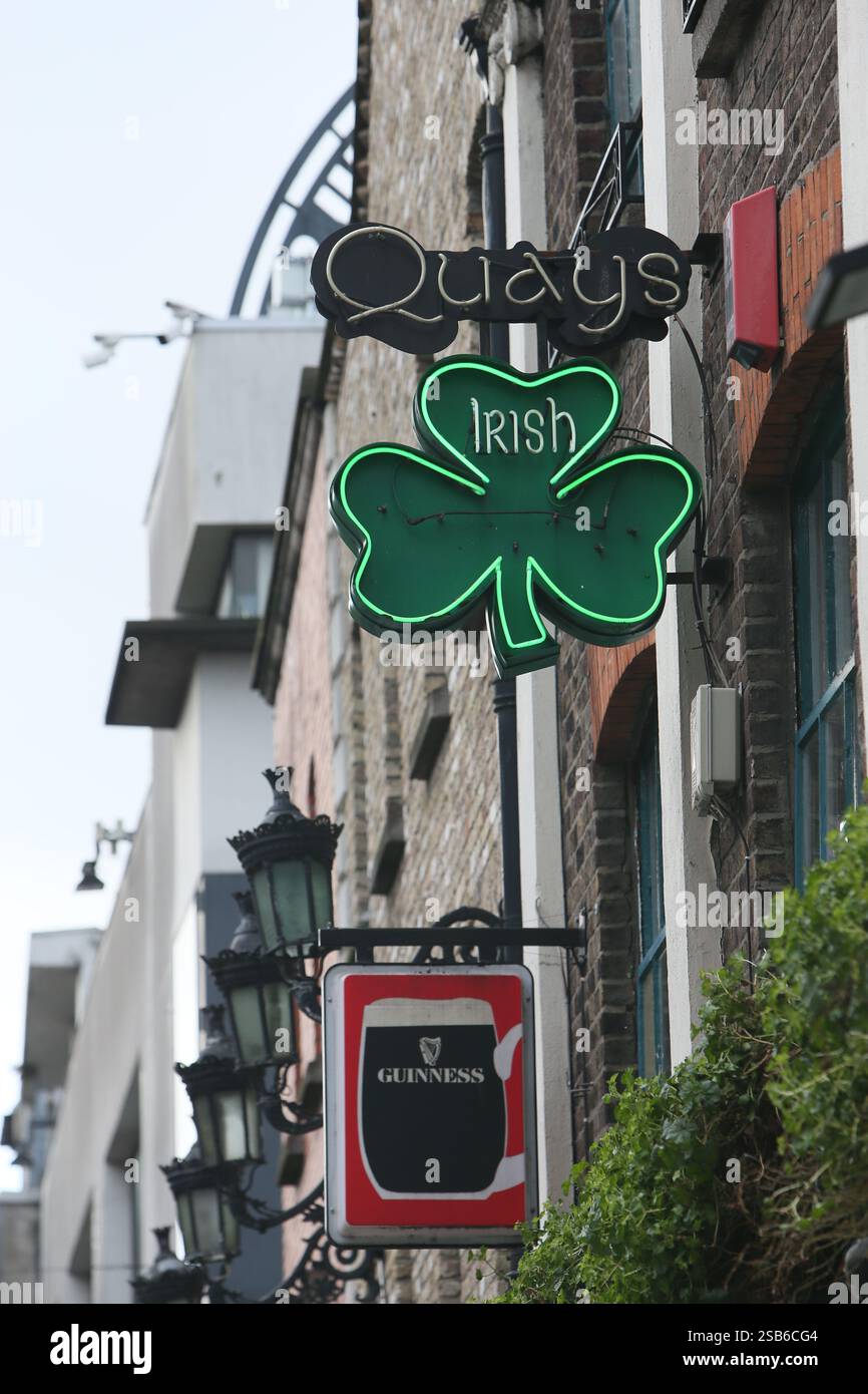 Dublin, Ireland - 28th January 2025 - a neon lit green shamrock shaped ...