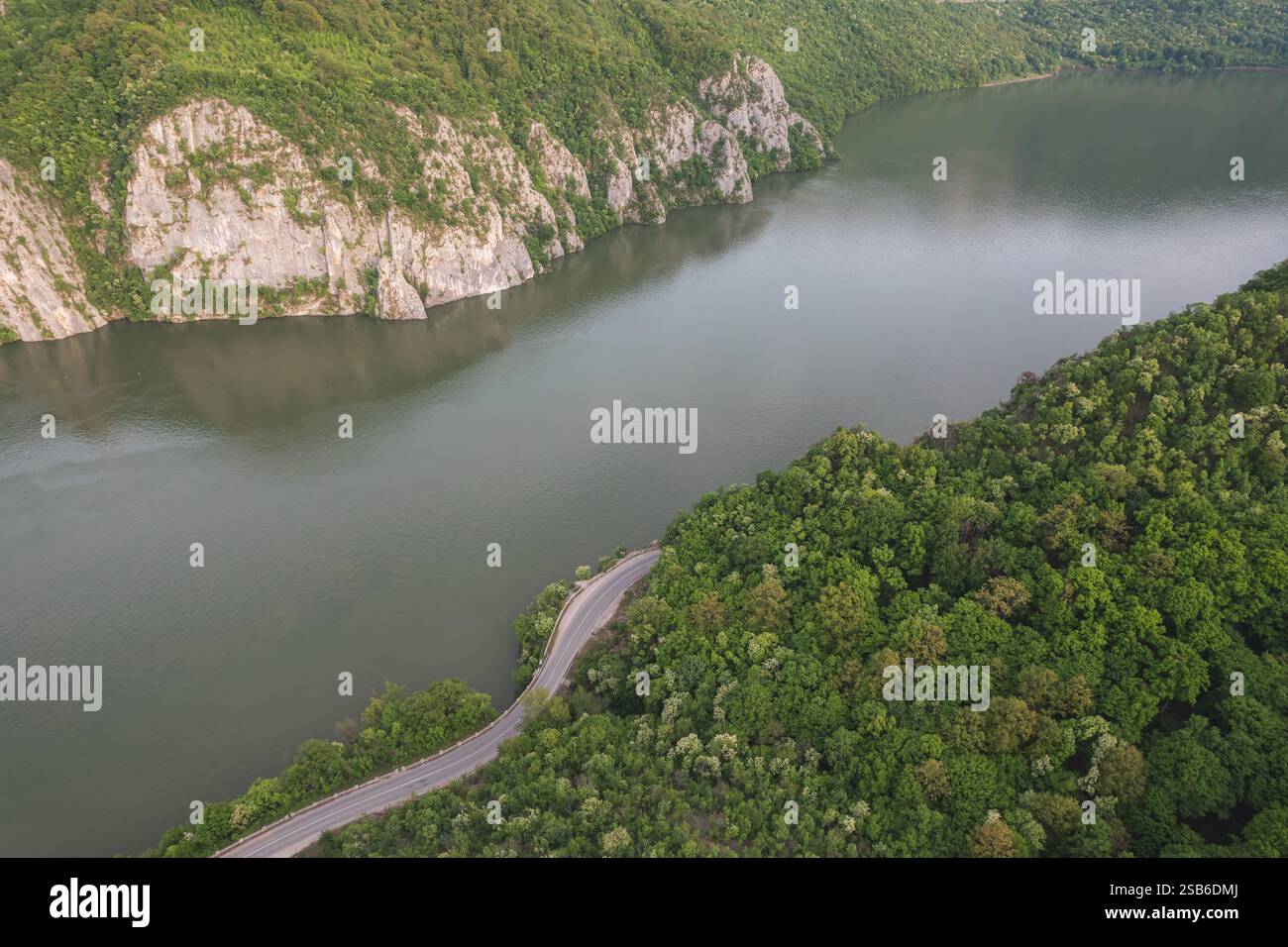 Aerial summer landscape above the Danube Gorge, at Dubova, Romania ...