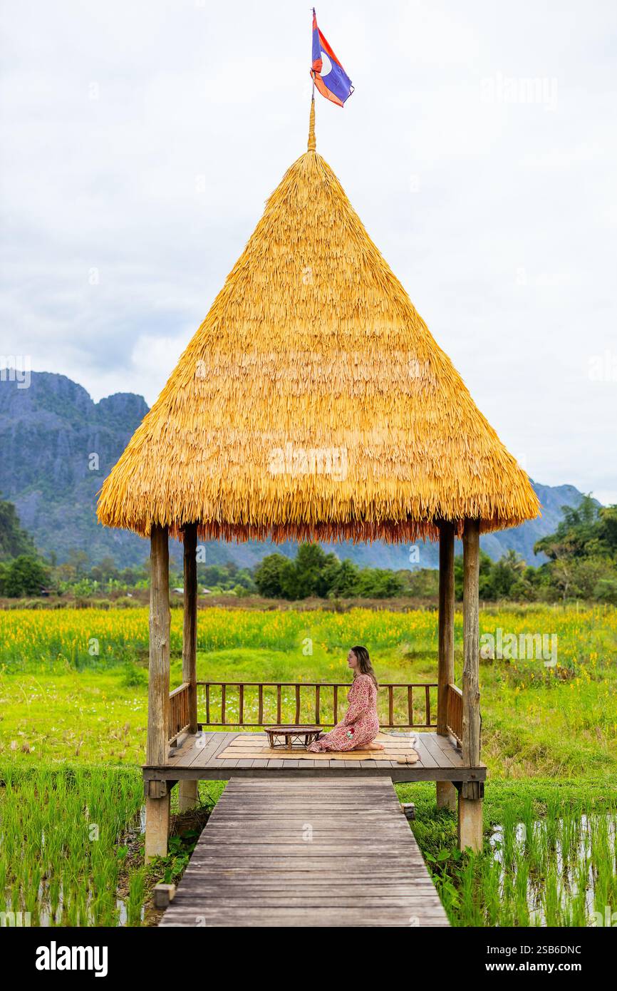 A woman sits in a thatched hut overlooking vibrant rice paddies in ...