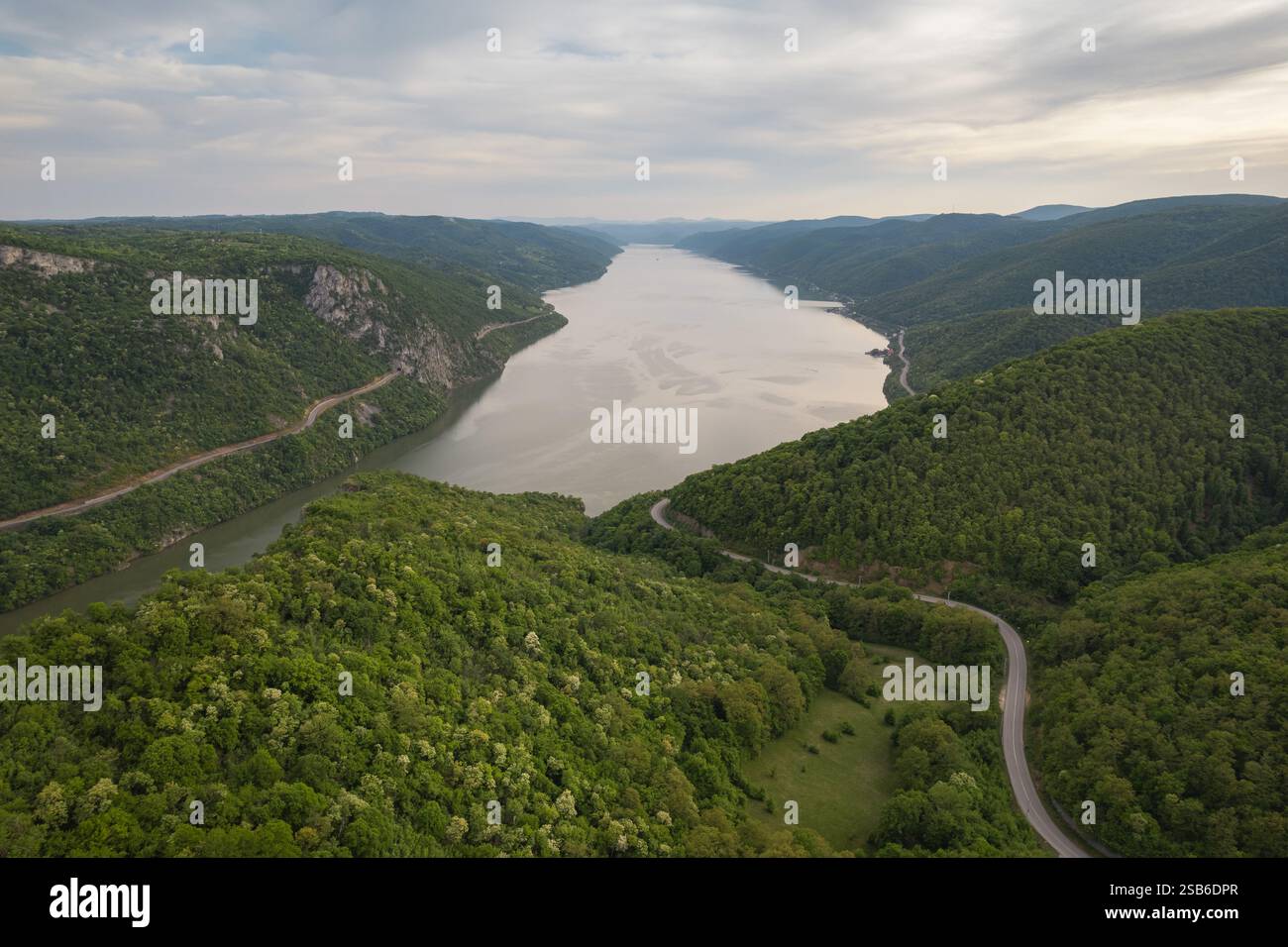 Aerial summer landscape above the Danube Gorge, at Dubova, Romania ...