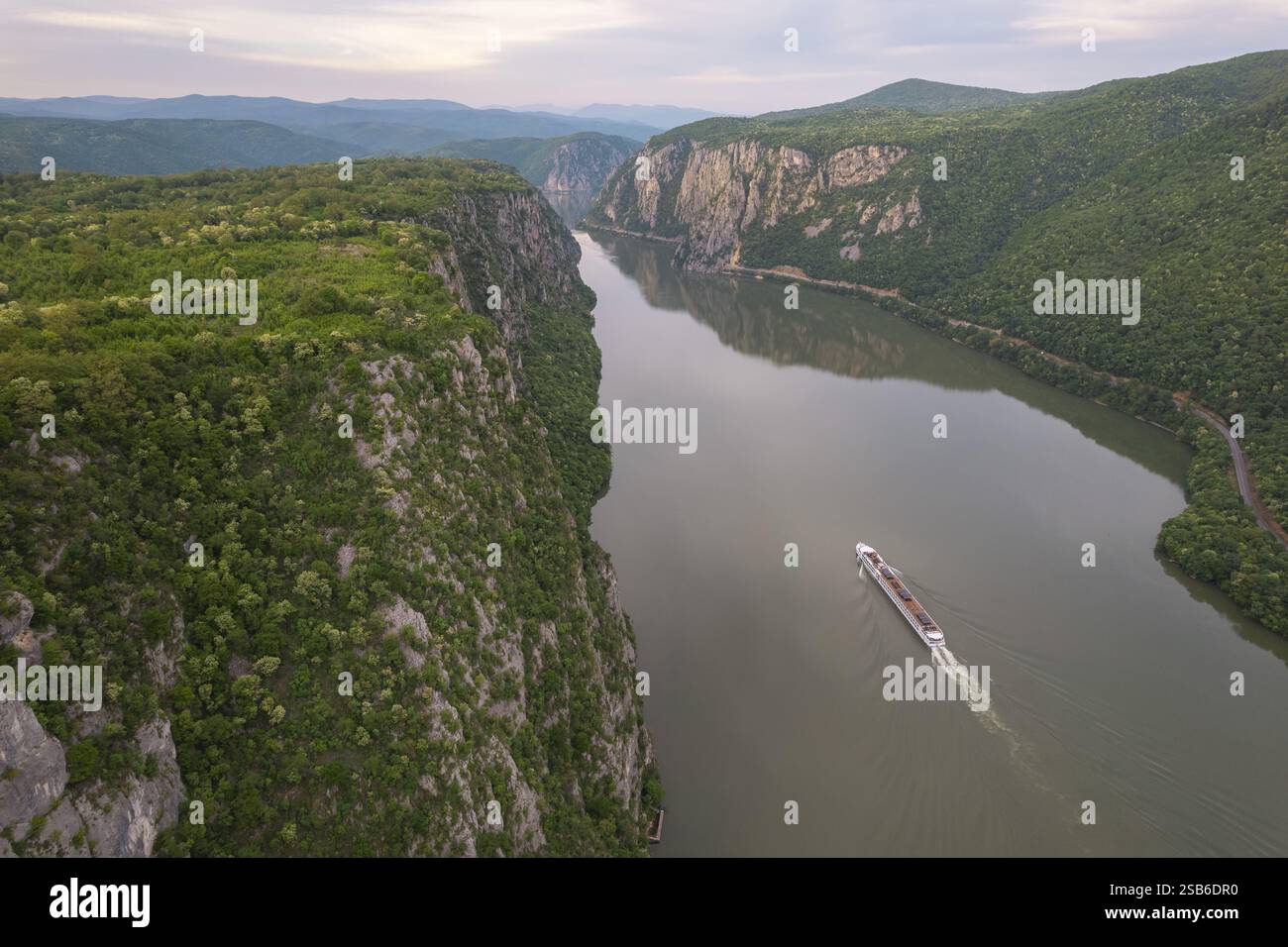 Aerial summer landscape above the Danube Gorge, at Dubova, Romania ...