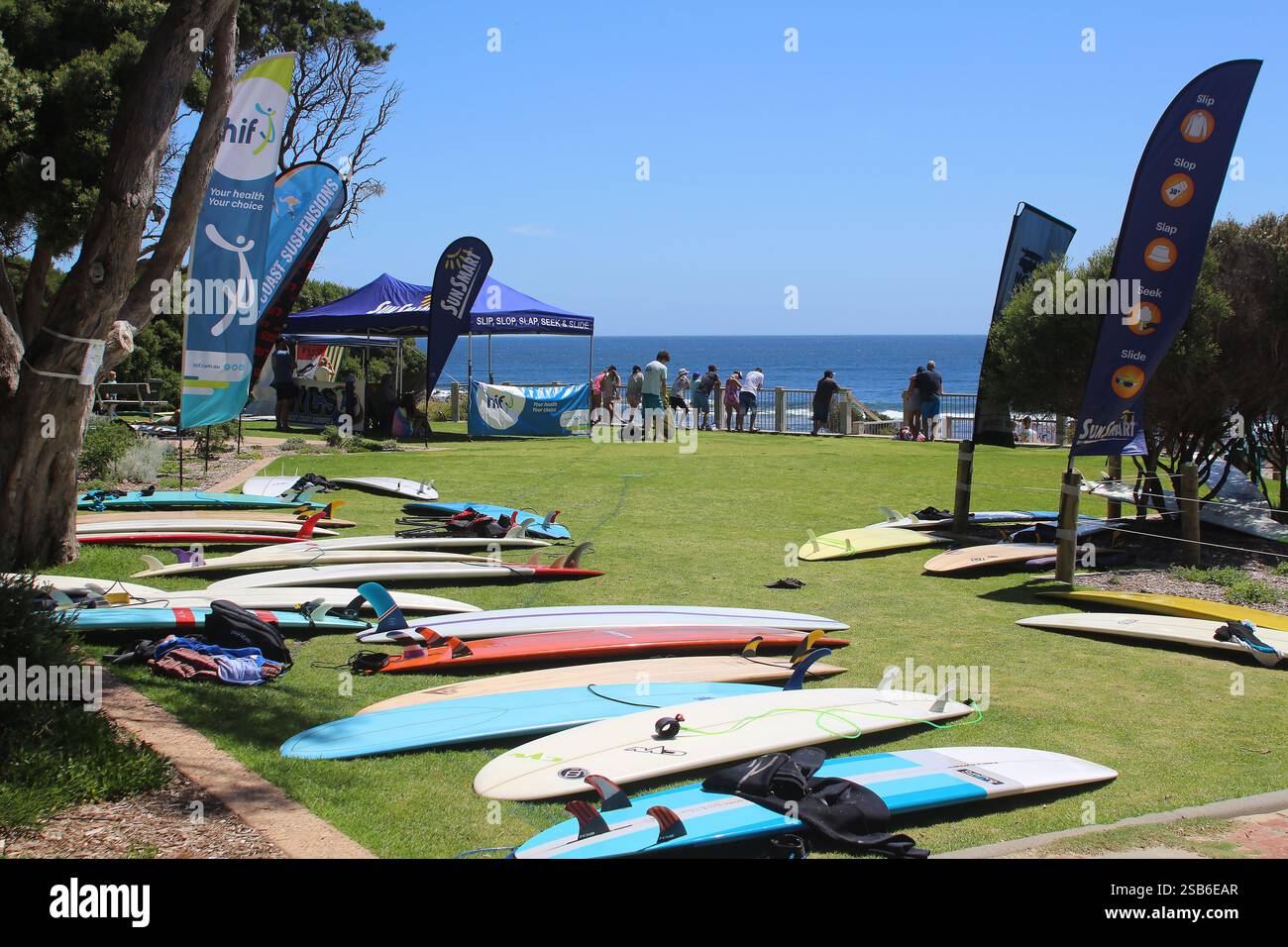 Surf competition with surfboards on lawn, Yallingup, Western Australia ...