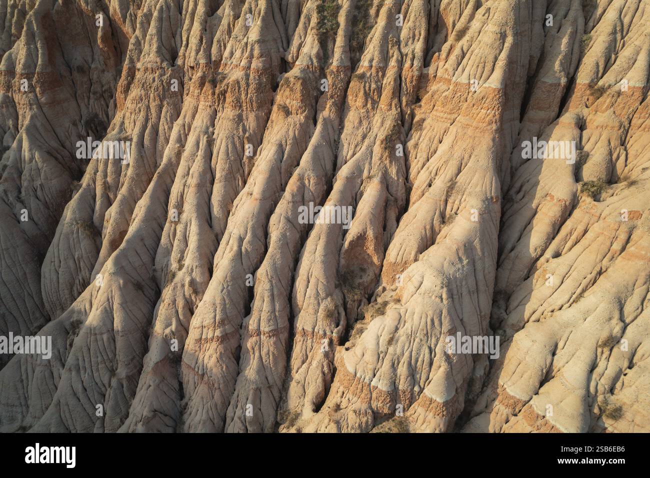 Aerial view above the Red Ravine / Rapa Rosie geological reserve with ...