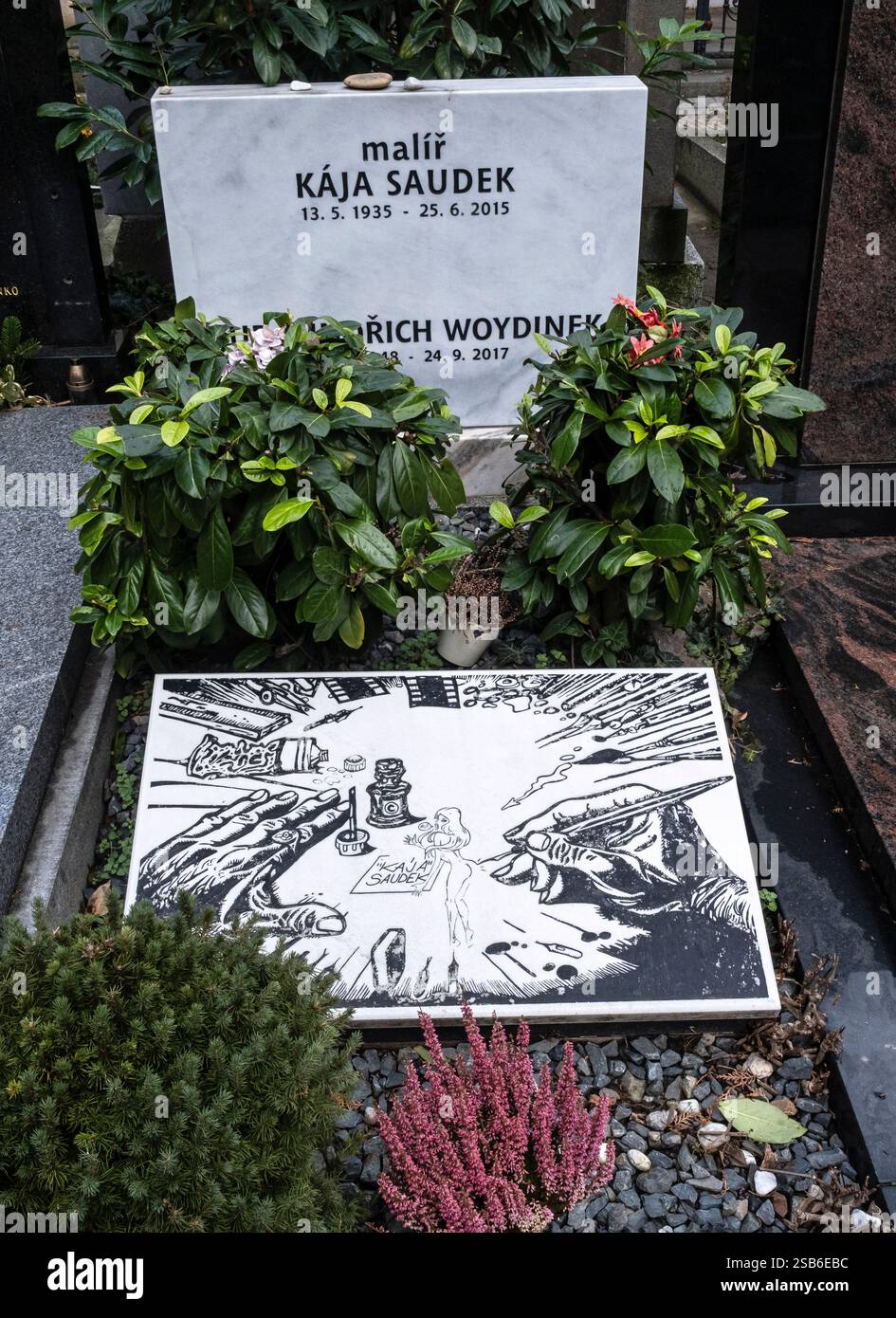 Tombstone of the comics illustrator Kája Saudek in the cemetery at ...