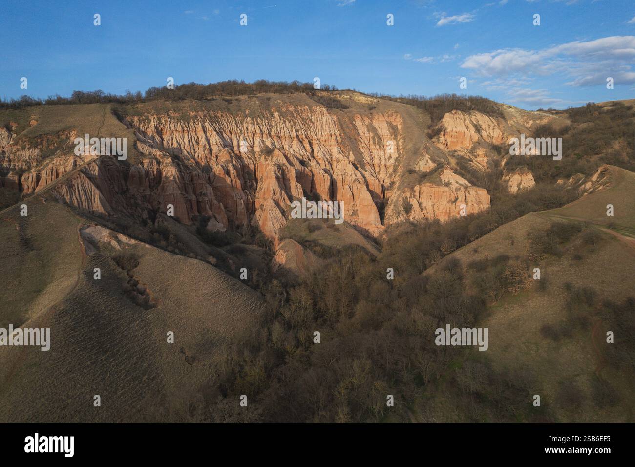 Aerial view above the Red Ravine / Rapa Rosie geological reserve with ...
