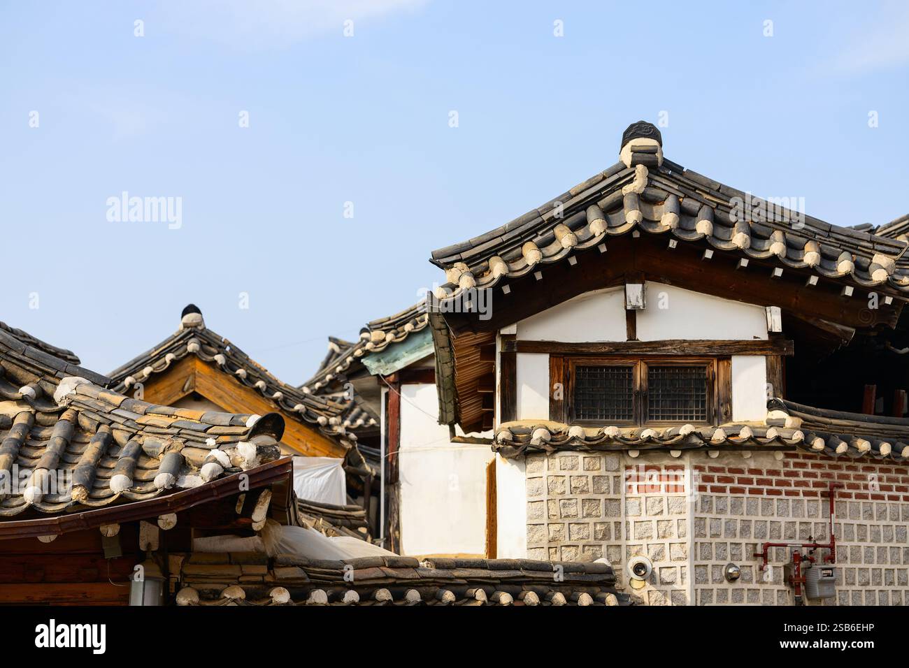 Close-up view of traditional Korean rooftops at Bukchon Hanok Village ...