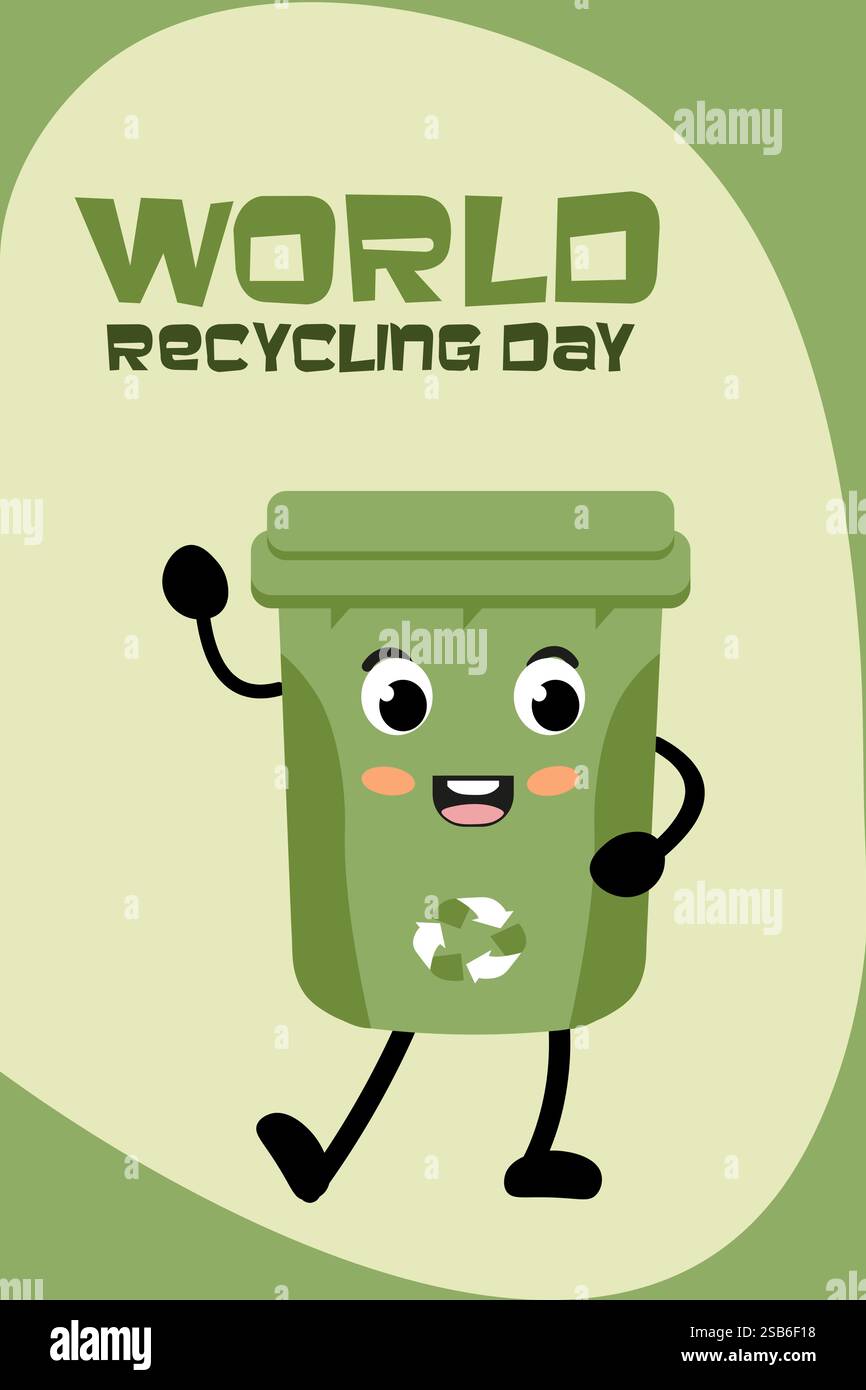 A friendly green recycling bin character celebrates World Recycling Day ...