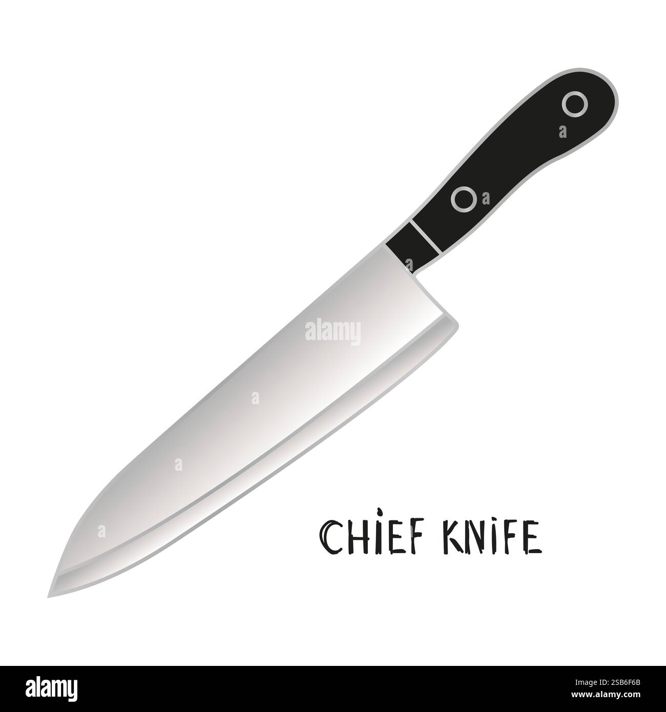 A sharp chef knife with a sleek black handle is positioned on a clean ...