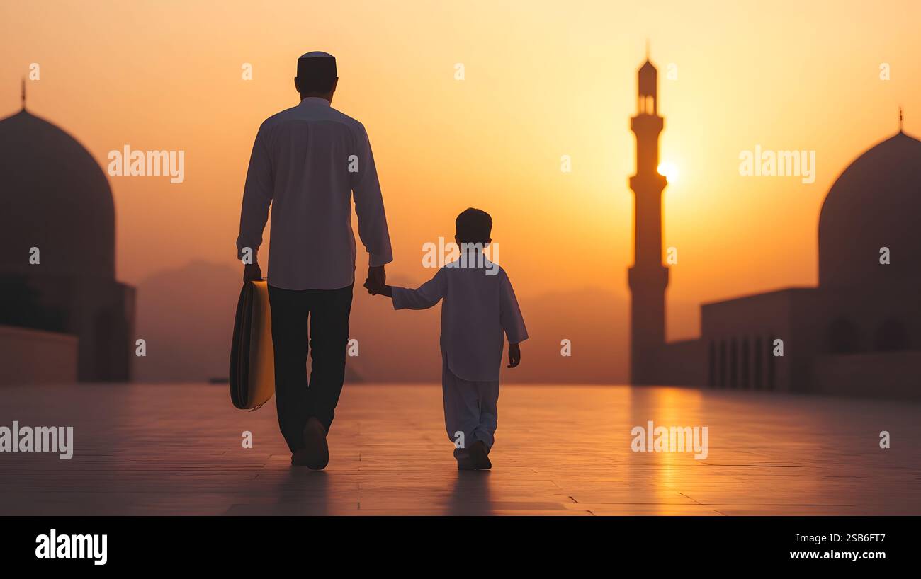 A father and son walking hand-in-hand towards a mosque at dawn,carrying ...