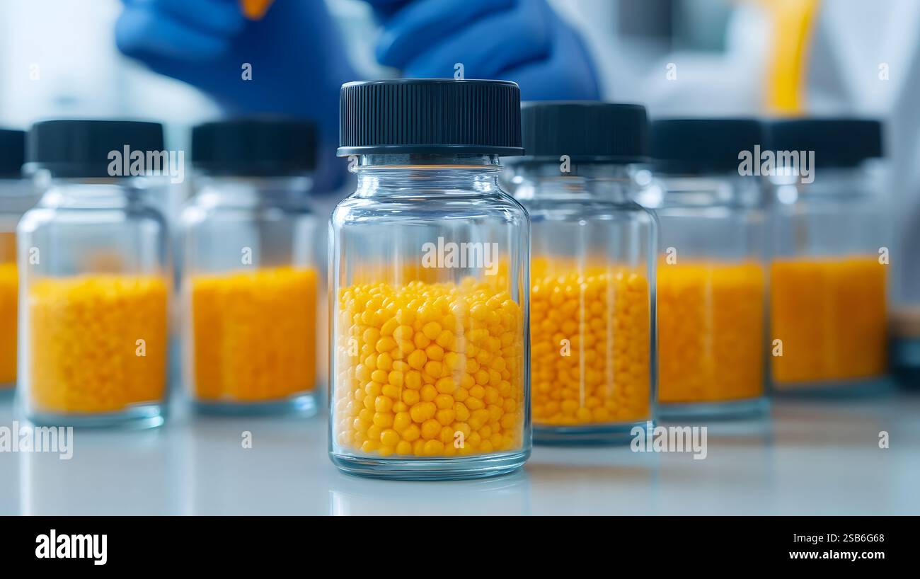 Close-up view of various glass containers filled with corn feed samples ...