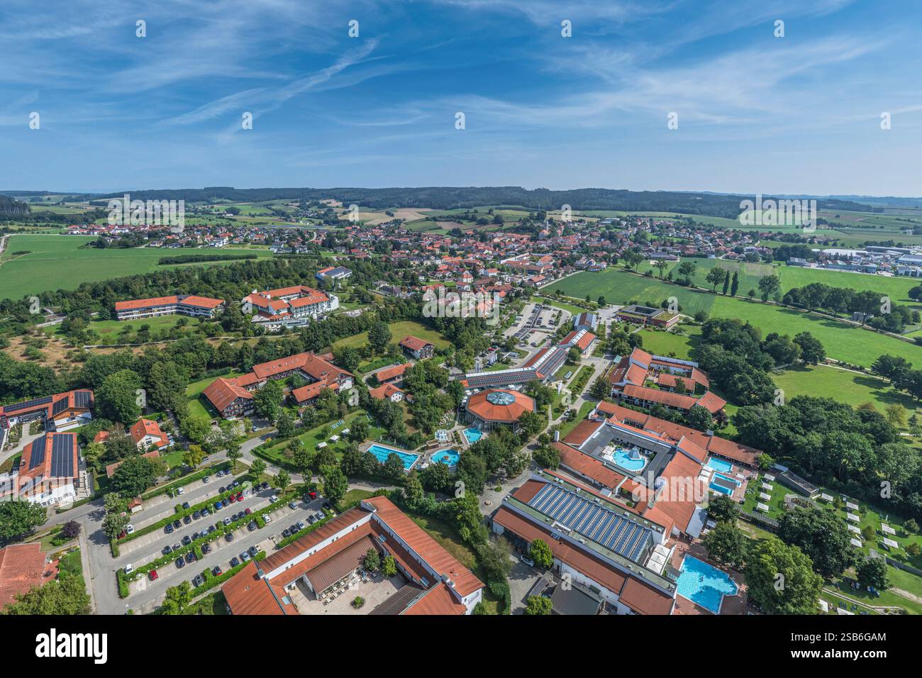 View of the Rottal valley around the spa facilities of Bad Birnbach in ...