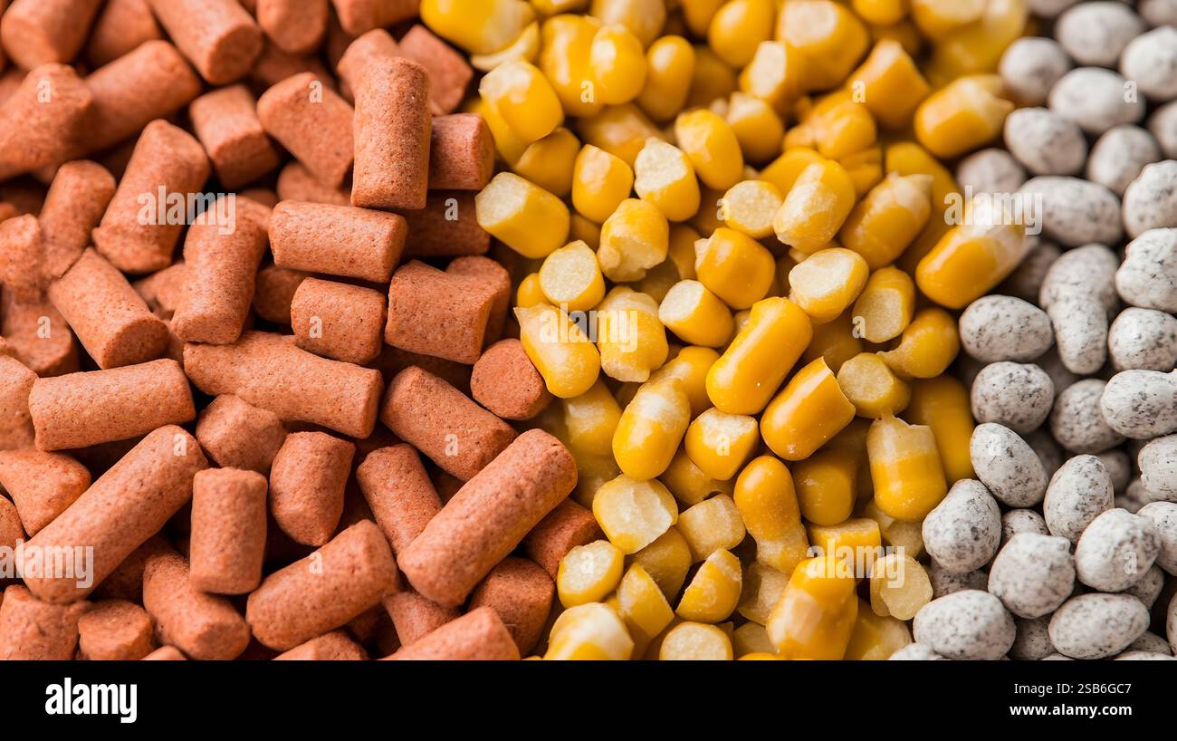 Closeup shot of bi-color corn feed pellets showcasing a range of mixed ...