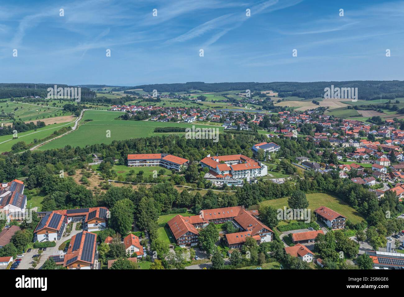 View of the Rottal valley around the spa facilities of Bad Birnbach in ...
