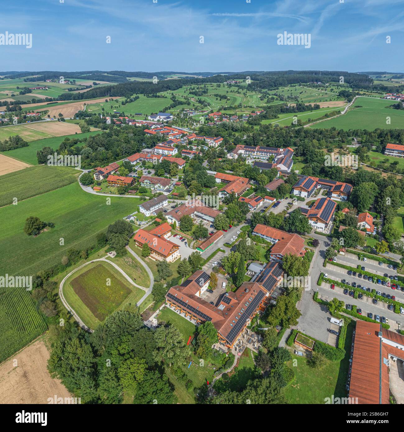 View of the Rottal valley around the spa facilities of Bad Birnbach in ...