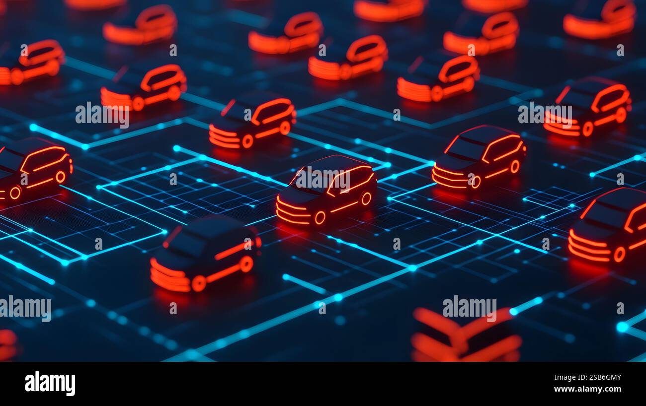 Automated vehicle icons arranged on a geometric network grid,depicting ...