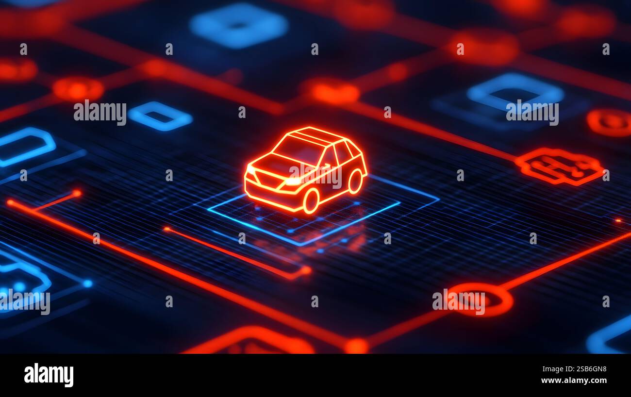 Automated vehicle icons displayed on a complex geometric network grid ...