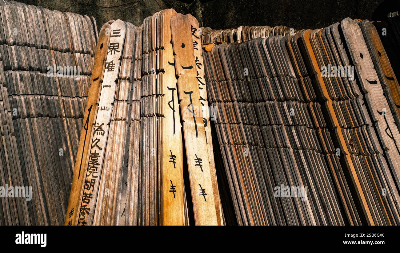 Wooden grave tablets with a vertical Sanskrit inscription are placed ...