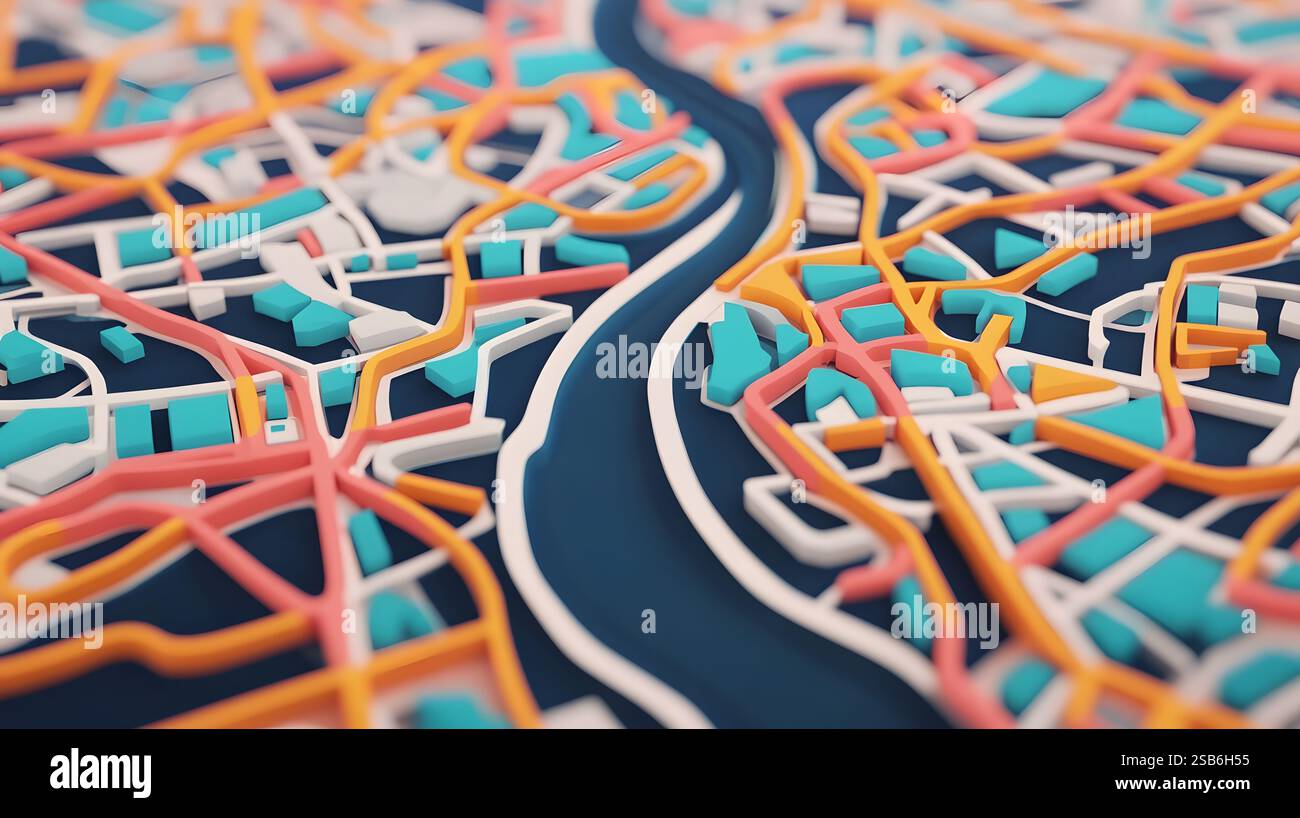 Simplified futuristic city map with interconnected transport routes ...