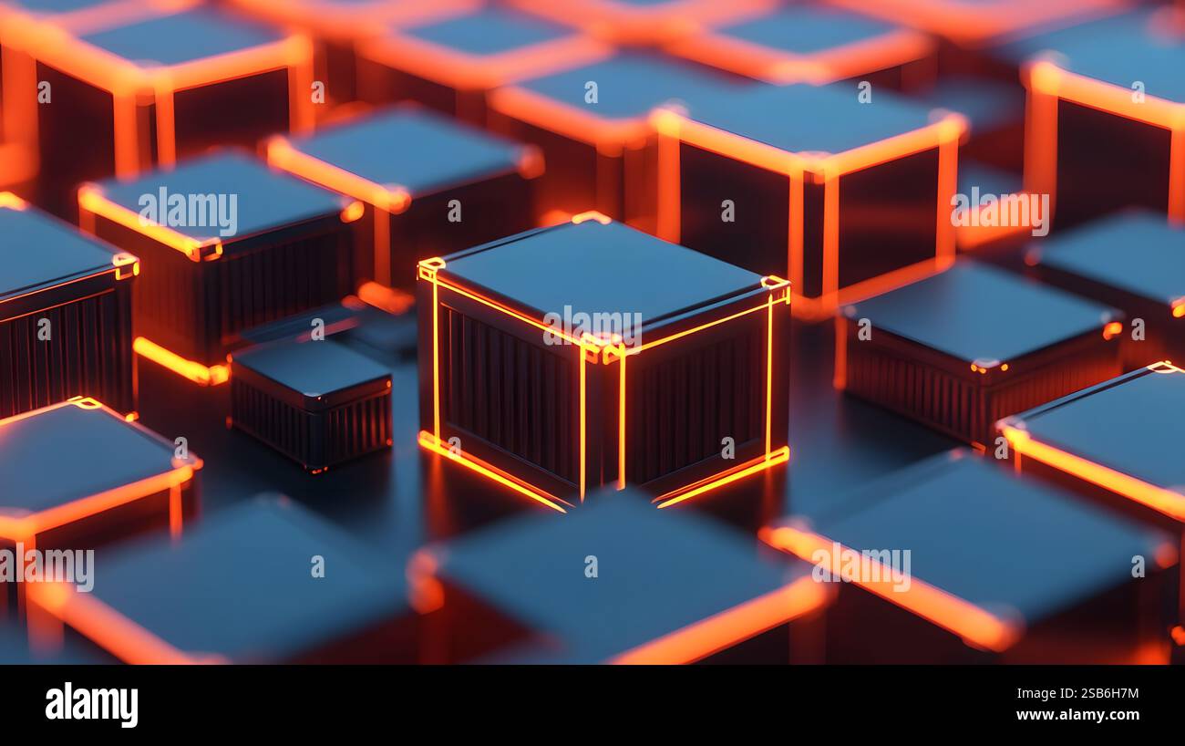 Simplified cargo boxes connected by a glowing network of paths ...