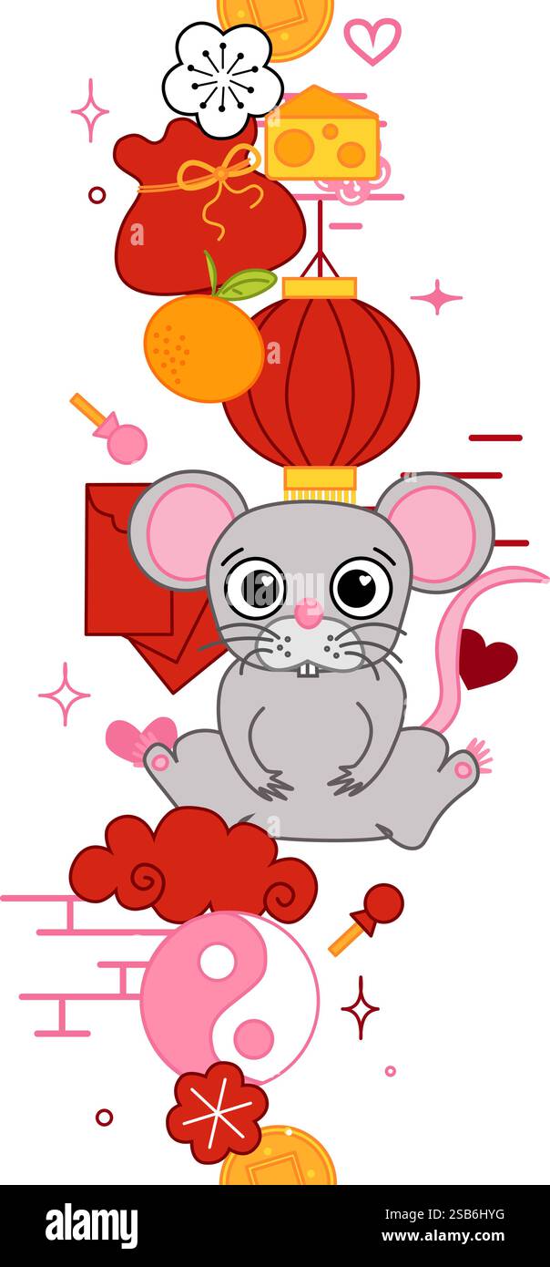 Chinese new year 2032 Vector Decorations with cute rat, mouse, lantern ...