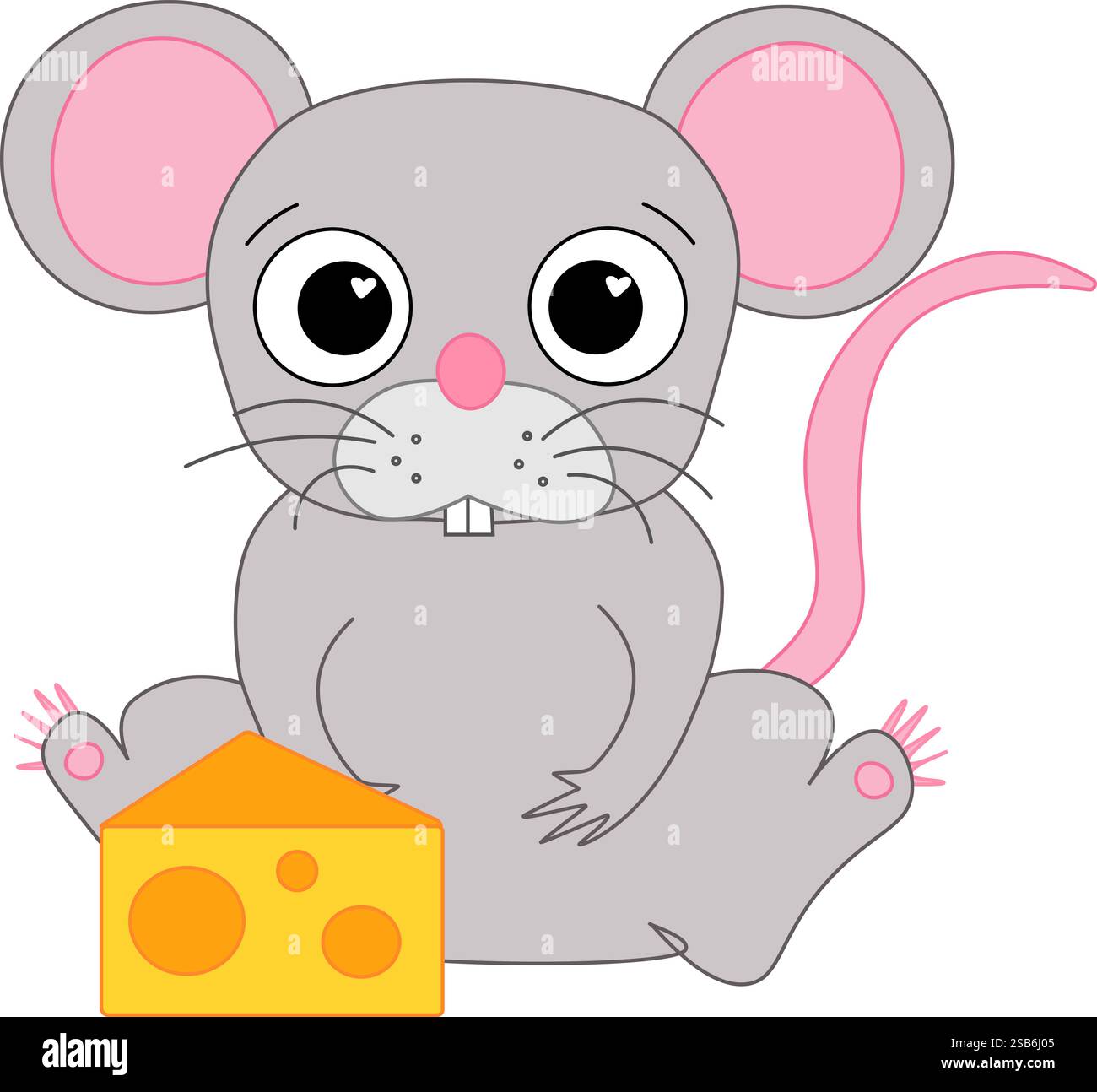 Mouse with piece cheese isolated on white background. Flat graphic line ...