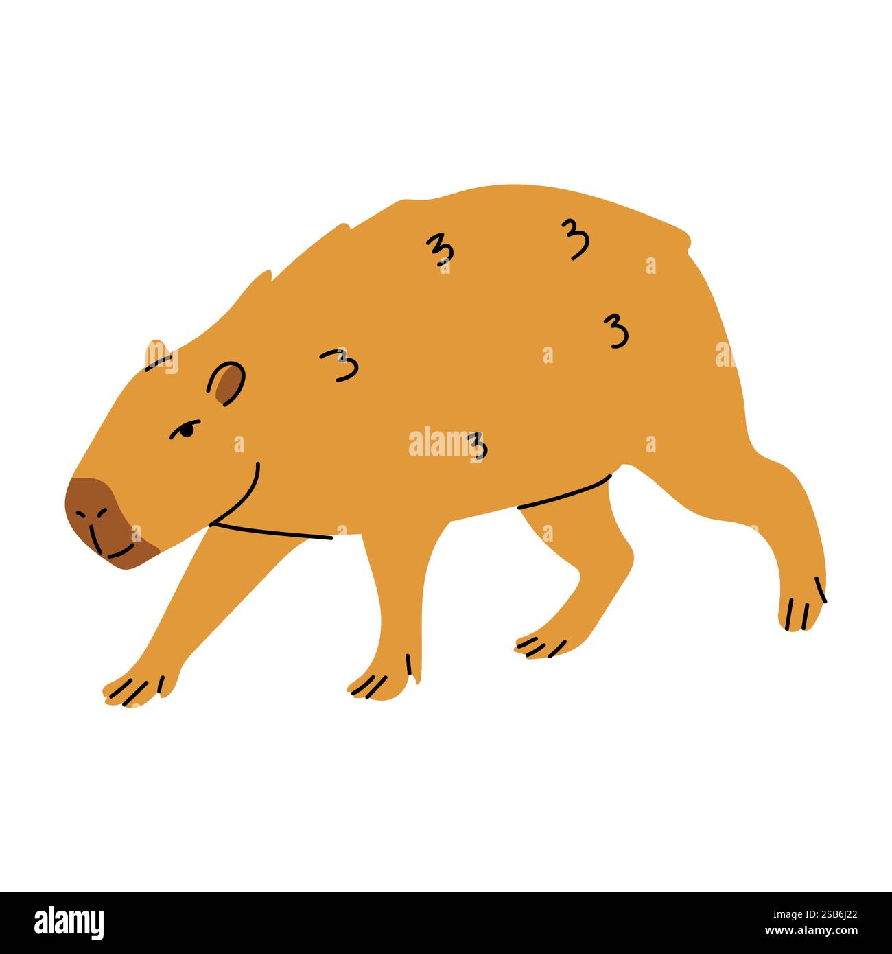 A cartoon illustration of a capybara walking on a white background. The ...