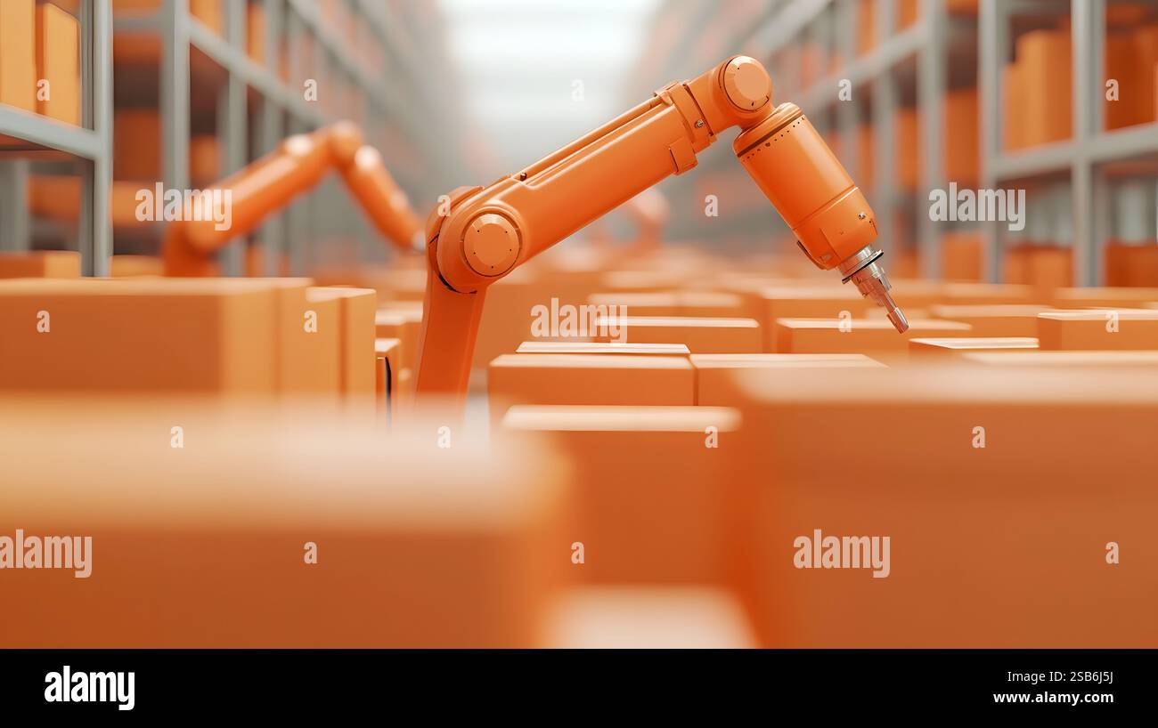 Automated Warehouse with Robotic Arms Efficiently Sorting Packages and Coordinating Shipments ...