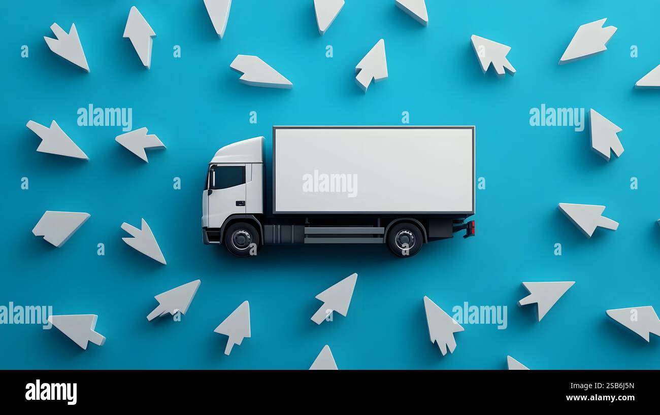 Streamlined Logistics Delivery Truck Surrounded by Directional Arrows ...