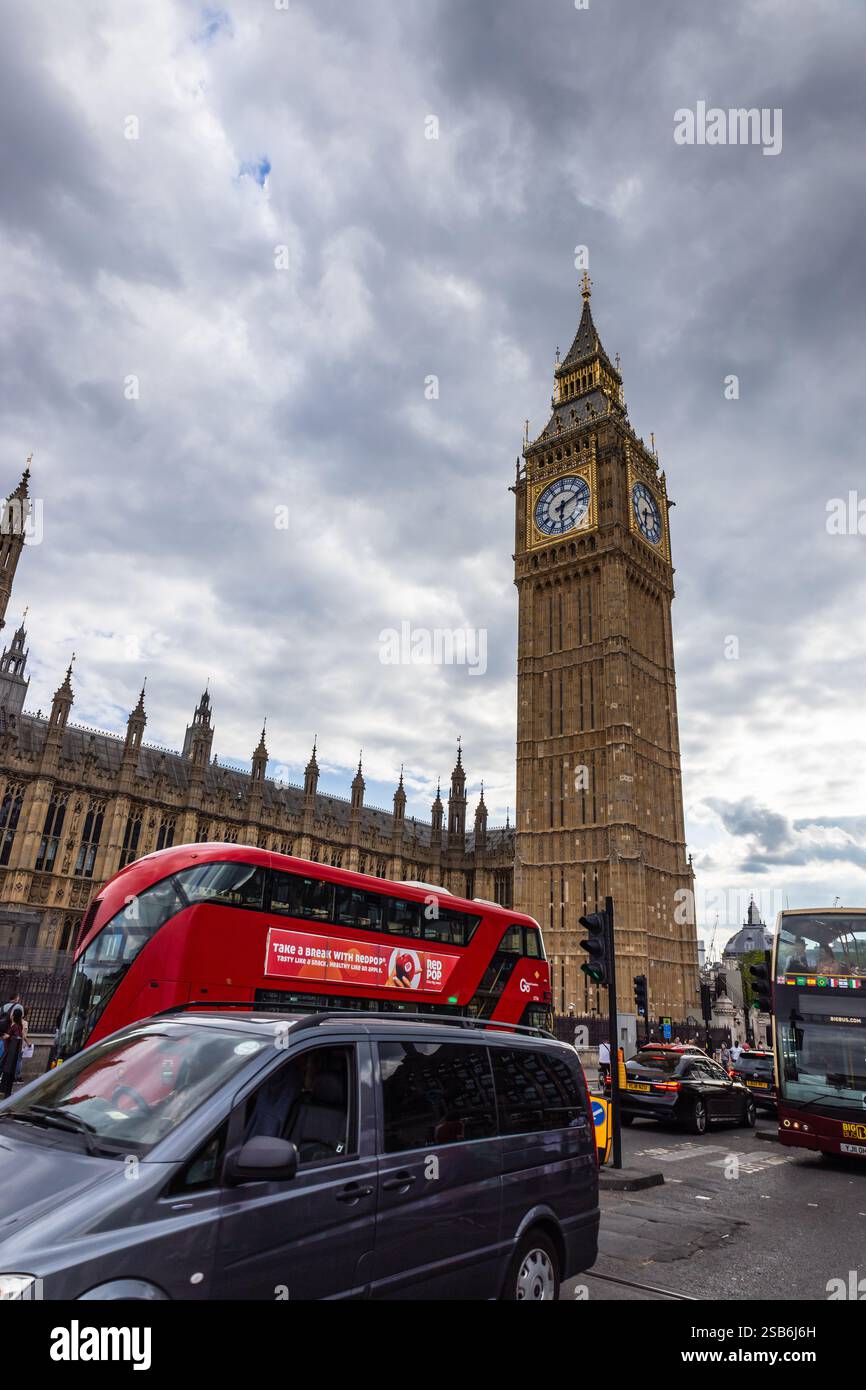 Big Ben and London Bus. Iconic City Scene Under Dramatic Skies in ...