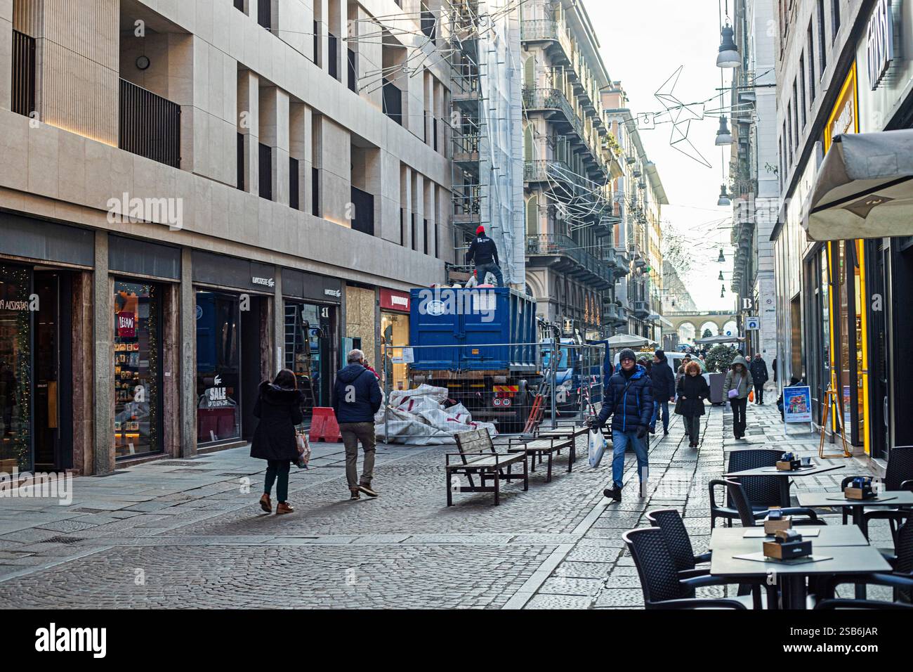 repair work in the center of Turin on January 7, 2025 in Italy ...