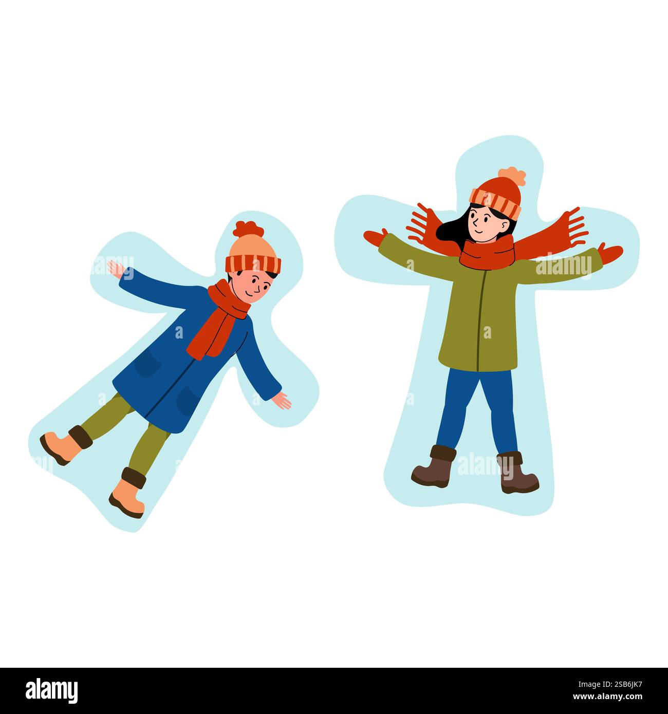 Two individuals dressed warmly in winter clothing are joyfully waving ...