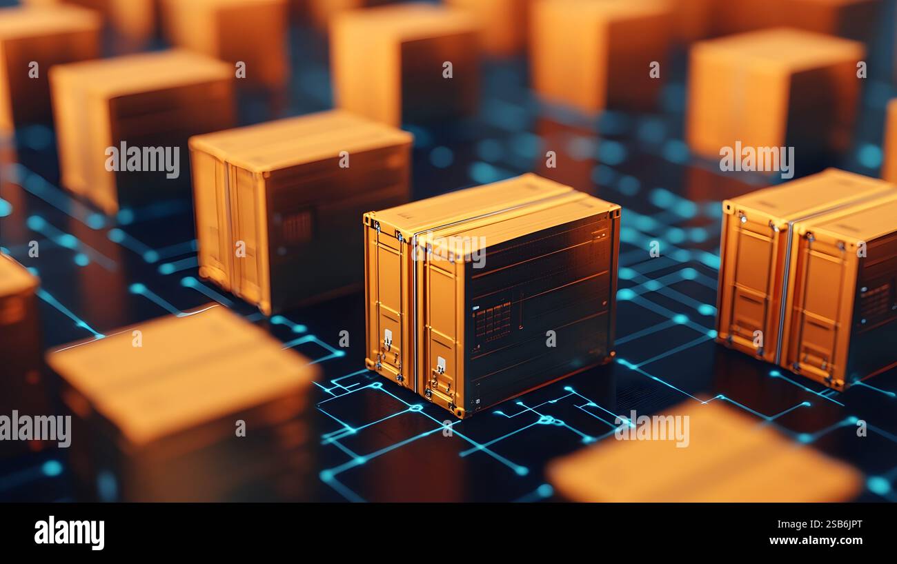 Simplified cargo containers or boxes connected by digital network nodes ...