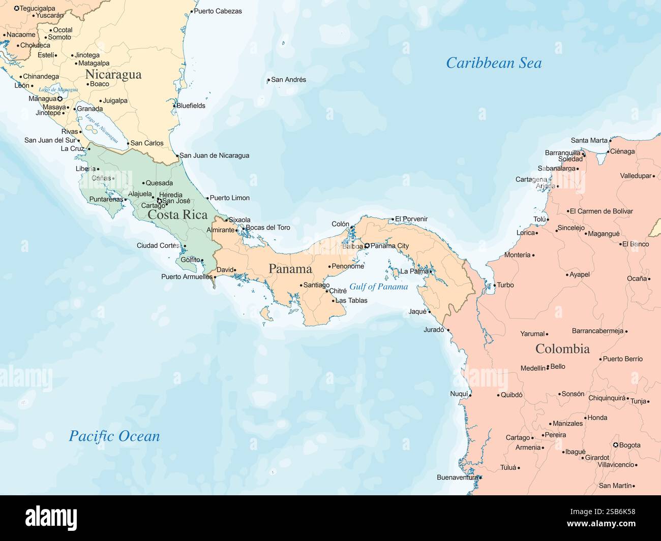 Political map highlighting Nicaragua, Costa Rica, Panama, and northern ...