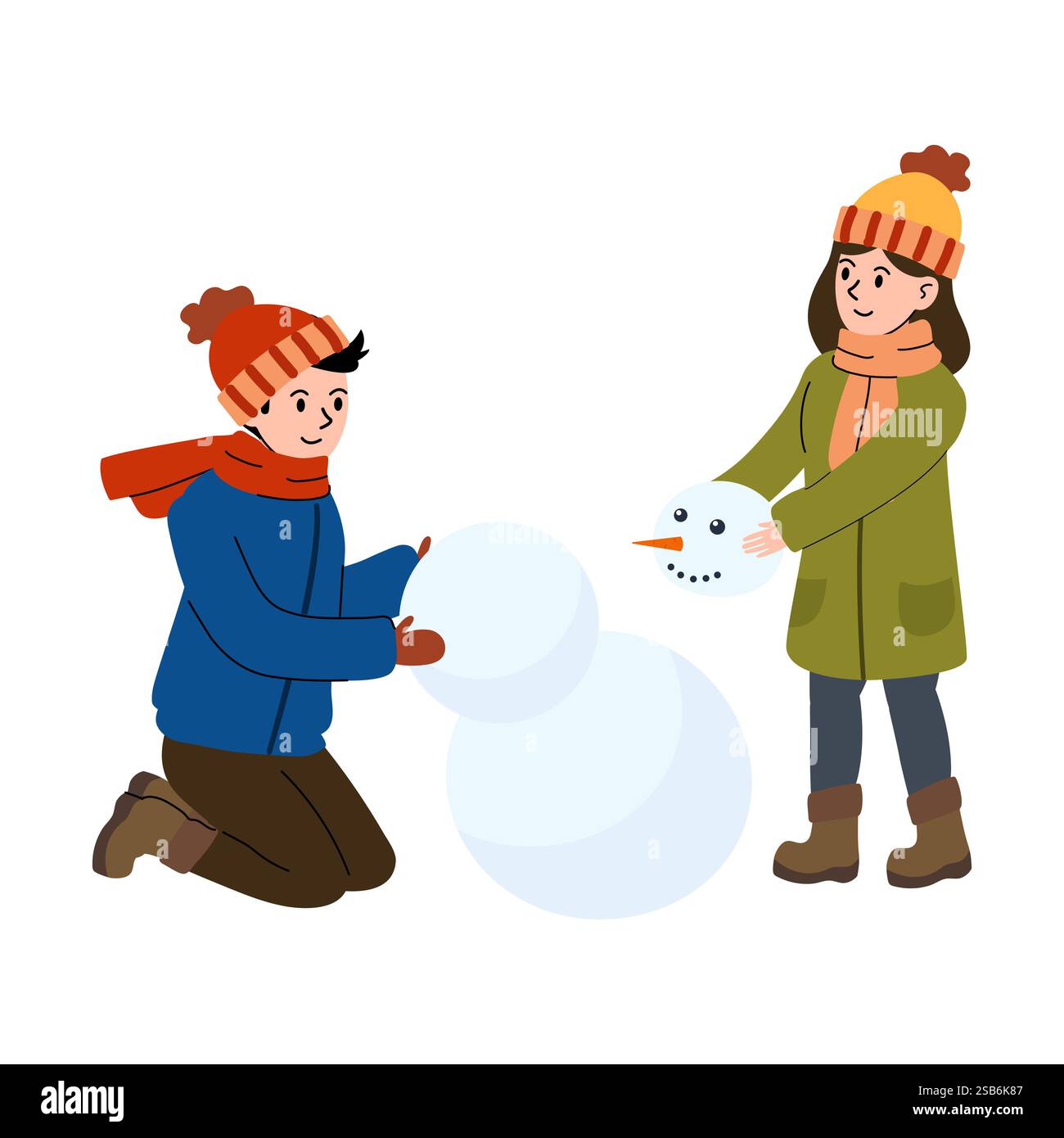 Two friends are creating a snowman on a snowy day. One person kneels ...