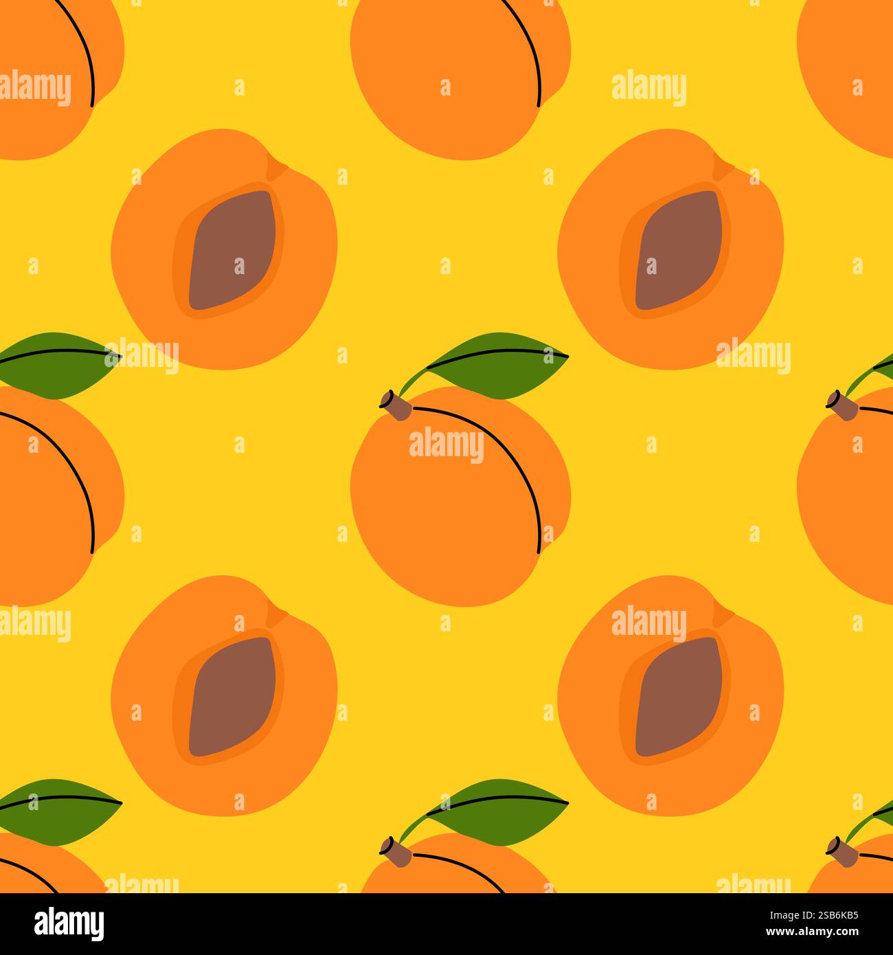A lively pattern showcases bright orange peaches with green leaves ...