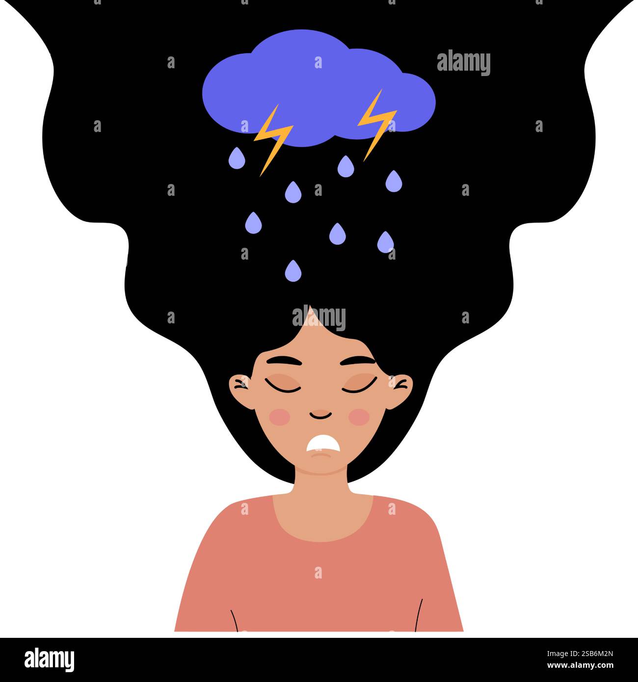 A girl with dark hair and a worried expression has a storm cloud ...