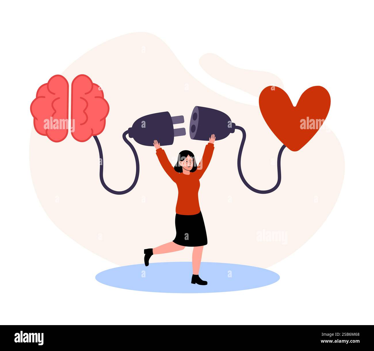 A joyful woman connects a brain and heart using plugs, symbolizing ...