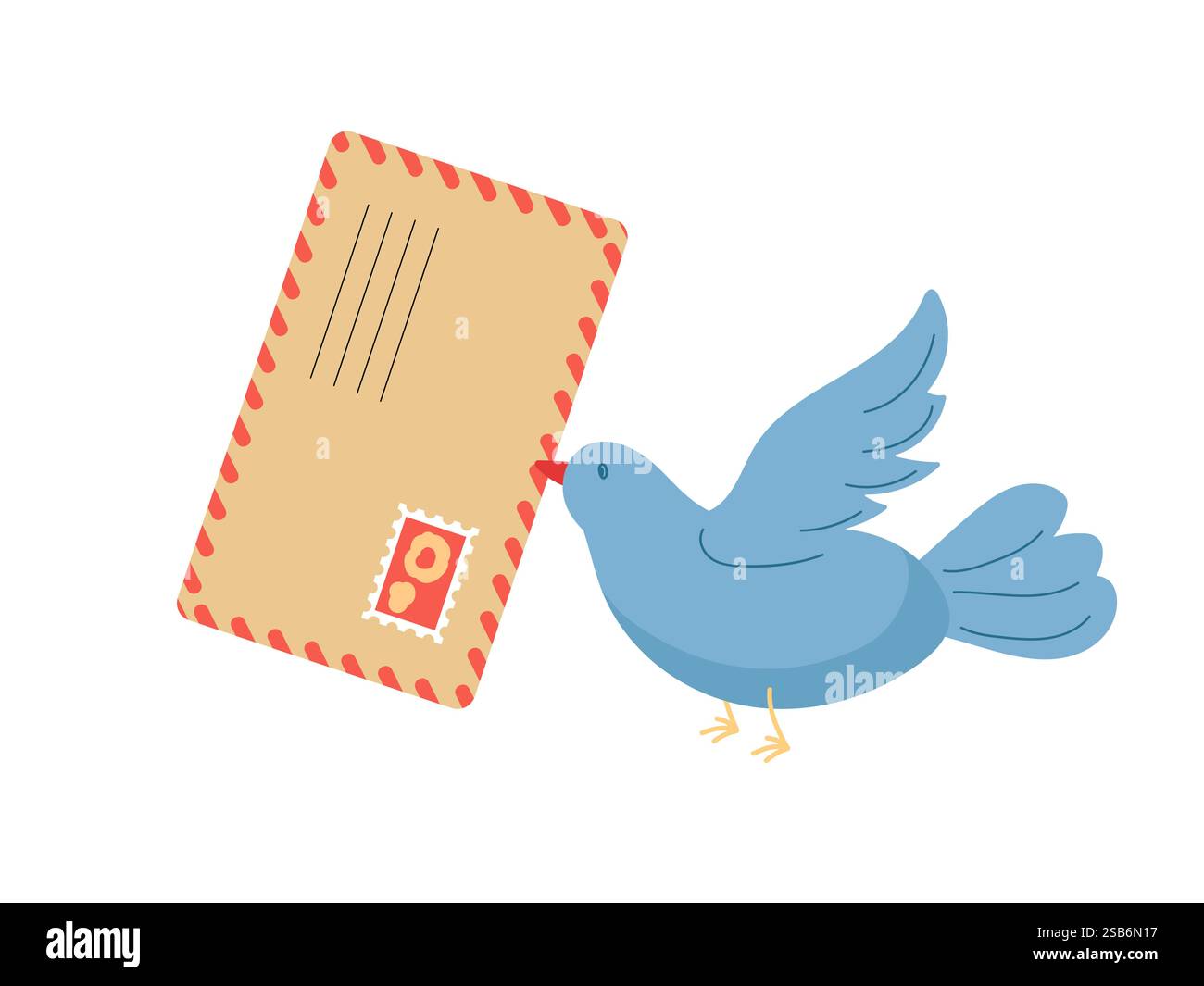 A blue bird with outstretched wings holds a letter in its beak. The ...