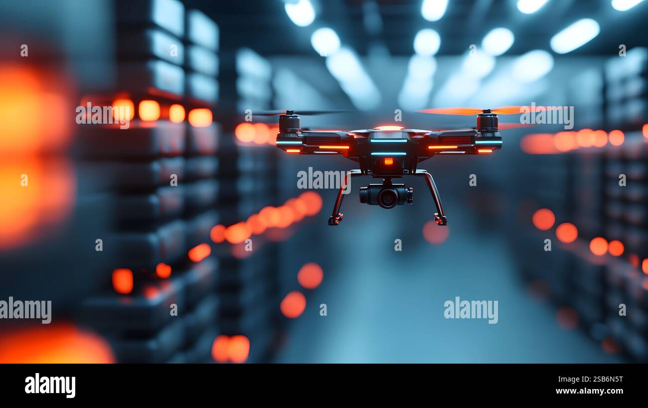 Automated futuristic warehouse with drones and robots transporting and ...