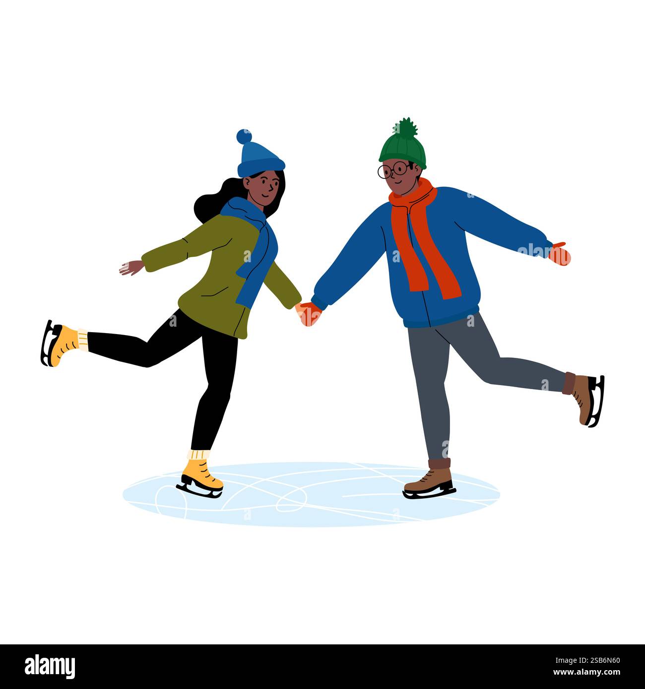 Two young individuals enjoy ice skating hand in hand at a winter park ...