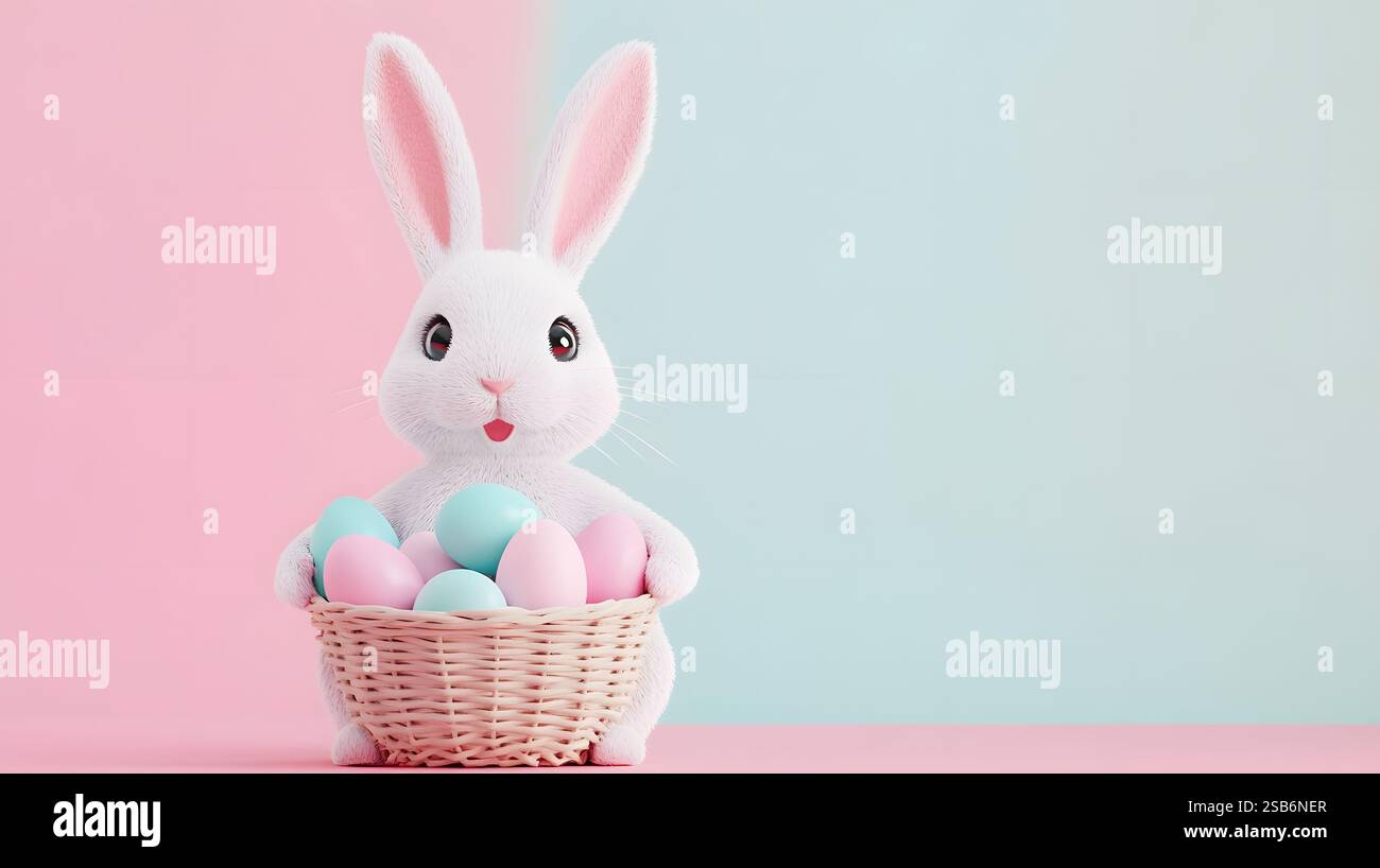 Adorable Happy Bunny Rabbit Holding a Woven Basket Filled with Colorful ...