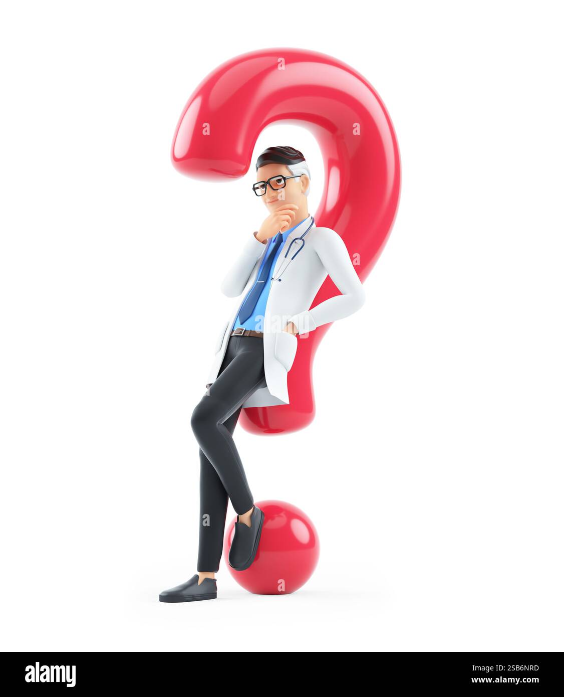 3d cartoon doctor leaning under question mark, illustration isolated on ...