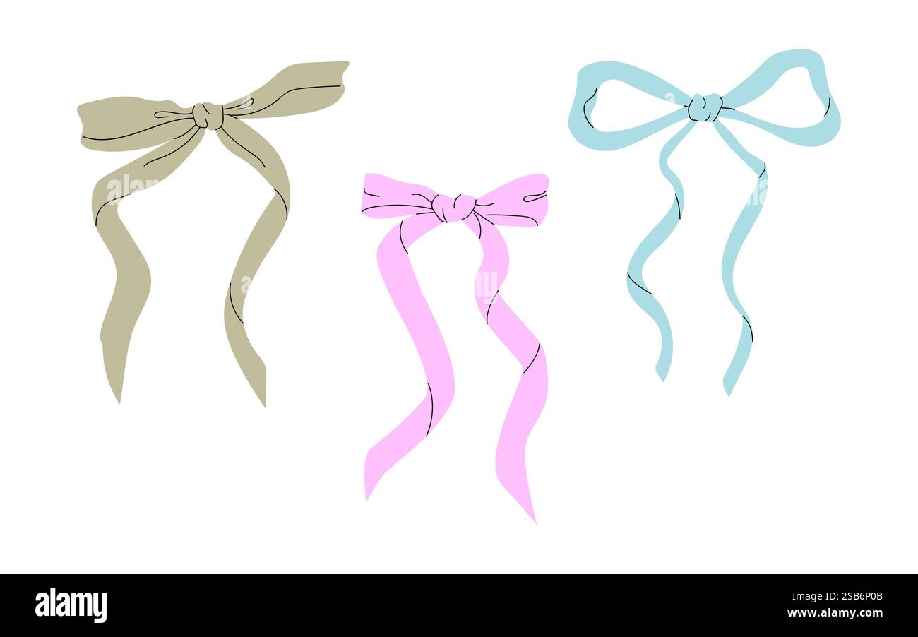 Three bows, one beige, one pink, and one light blue, are arranged ...