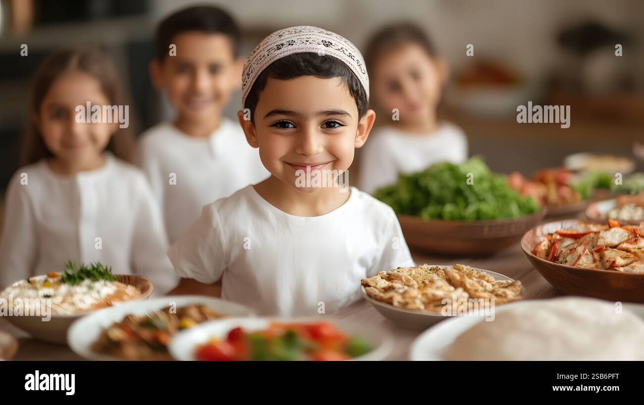 Children Helping Set Festive Iftar Table with Traditional Ramadan ...