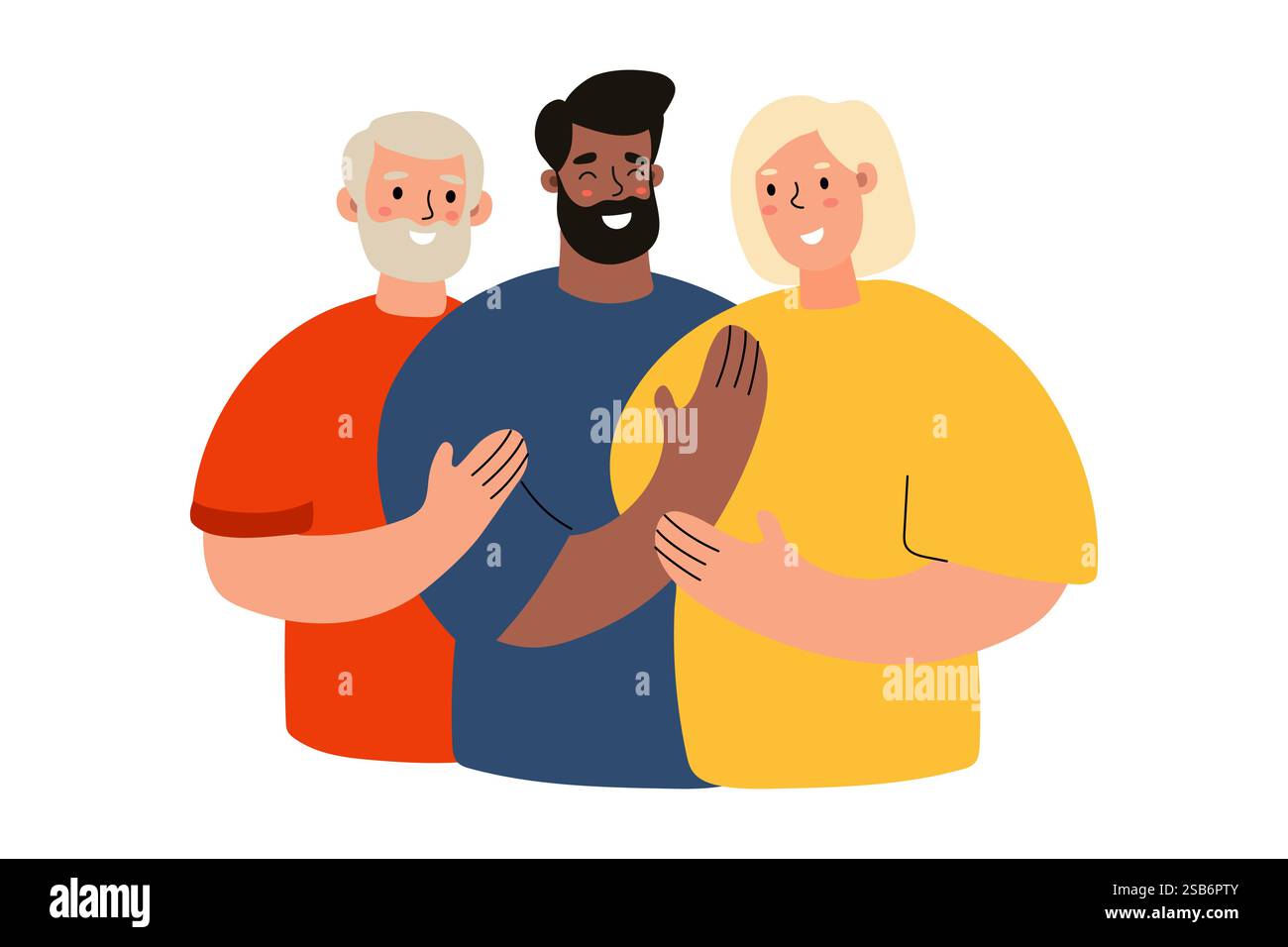 Three friends with diverse appearances stand close, smiling and ...