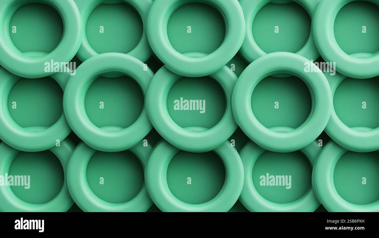 Overlapping 3D light green rings interconnected in a seamless grid pattern,creating a modern ...