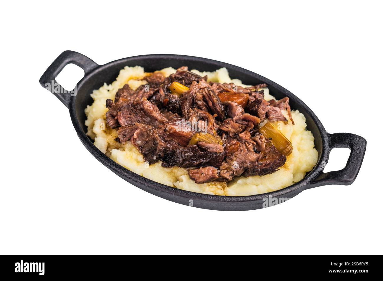 Braised Beef Cheek, Slow cooked meat with smashed potatoes in a skillet ...